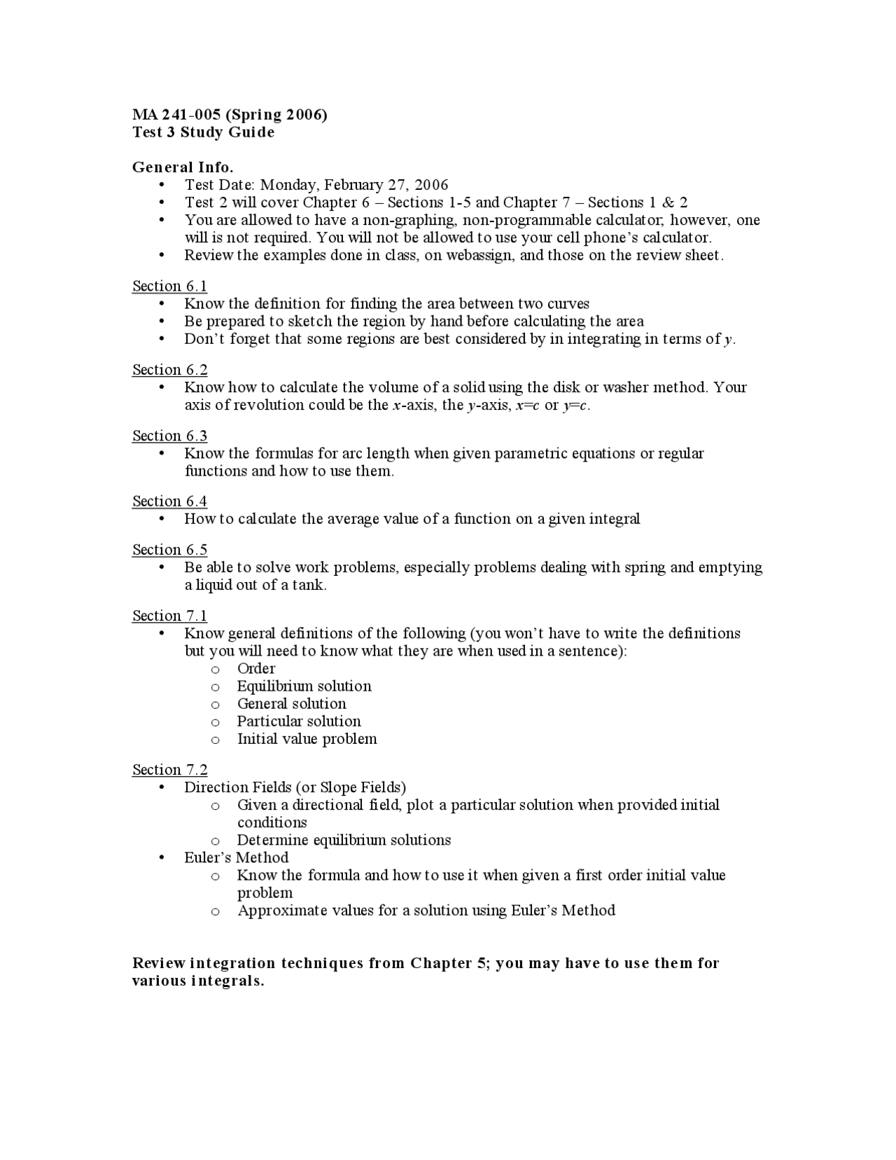 Study Guide for Test 3 - Calculus I | MA 241 - Docsity