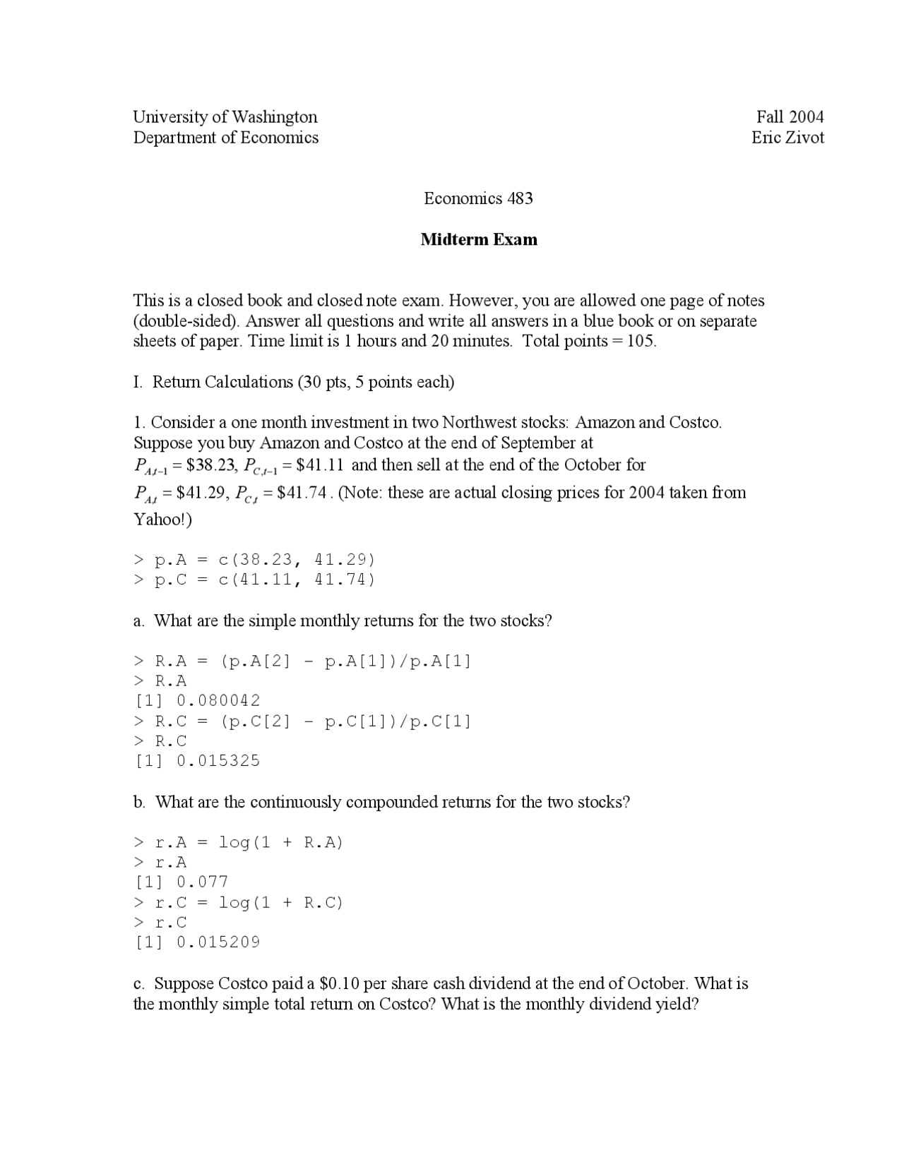 Practice Questions For Midterm Exam 3 Econometric Applications Econ 483 Docsity