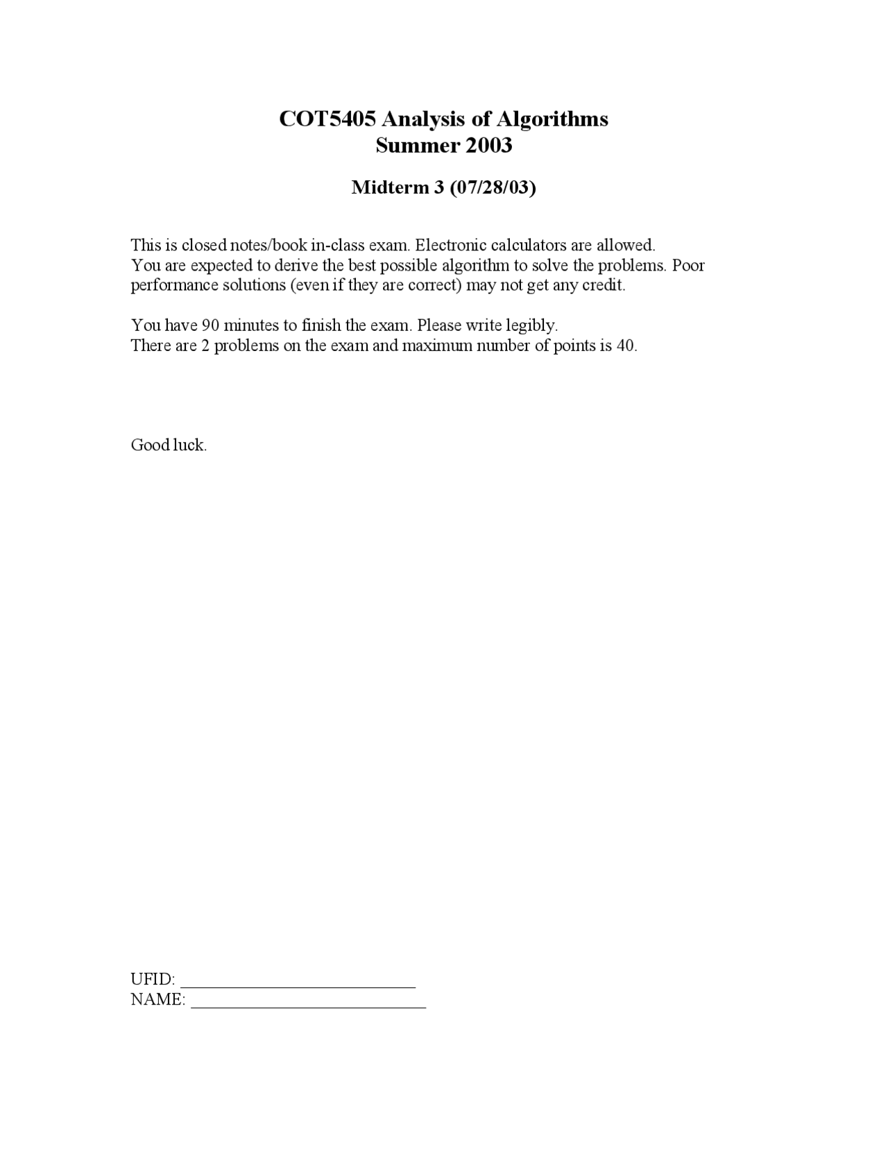 Mid Term Exam For Analysis Of Algorithms Cot 5405 Docsity