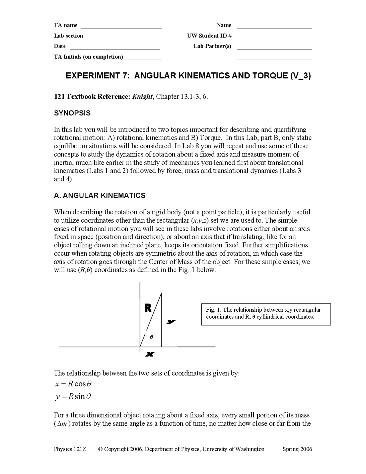 Angular Kinematics And Torque Experiment 7 Phys 117 Docsity