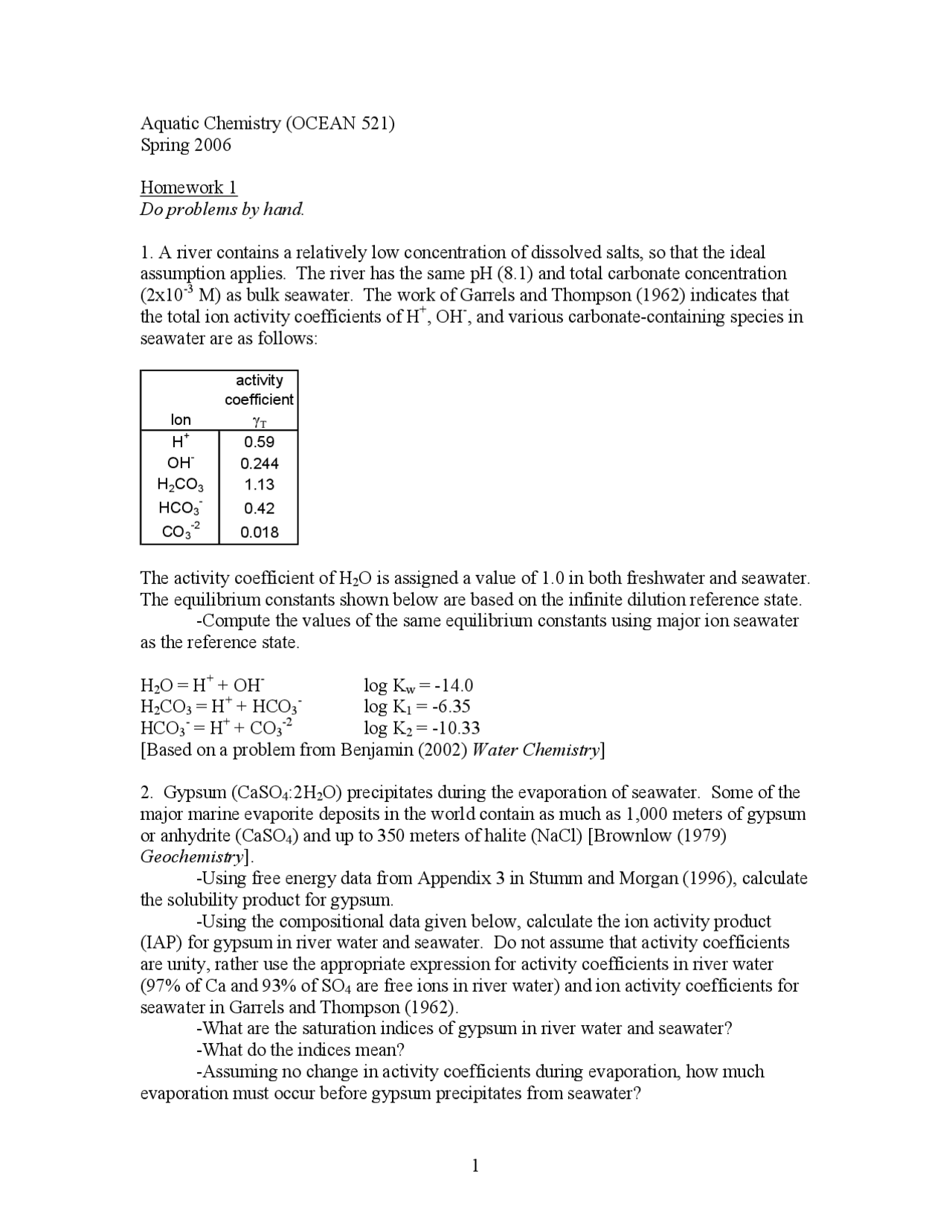 3 Questions For Assignment 1 Aquatic Chemistry Ocean 521 Docsity