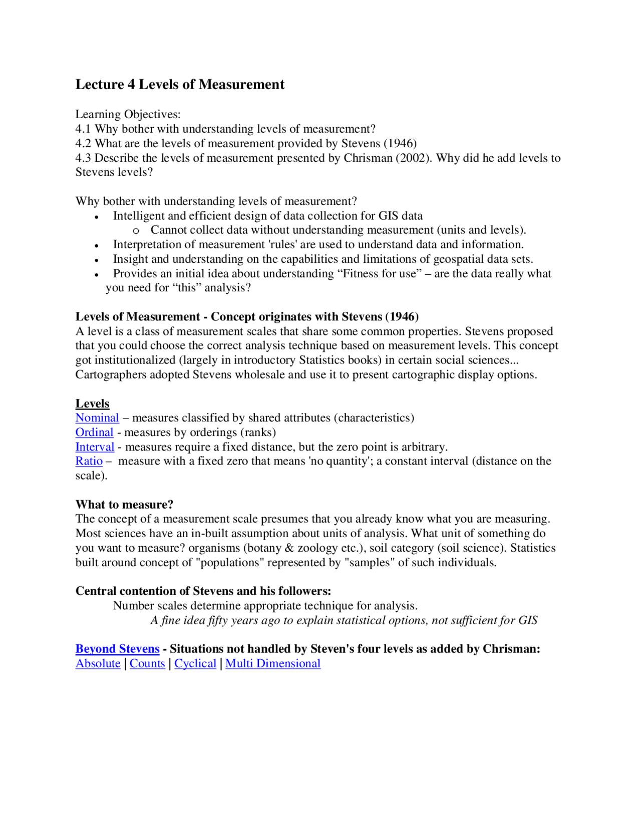Lecture Notes On Level Of Measurement Geog 460 Docsity