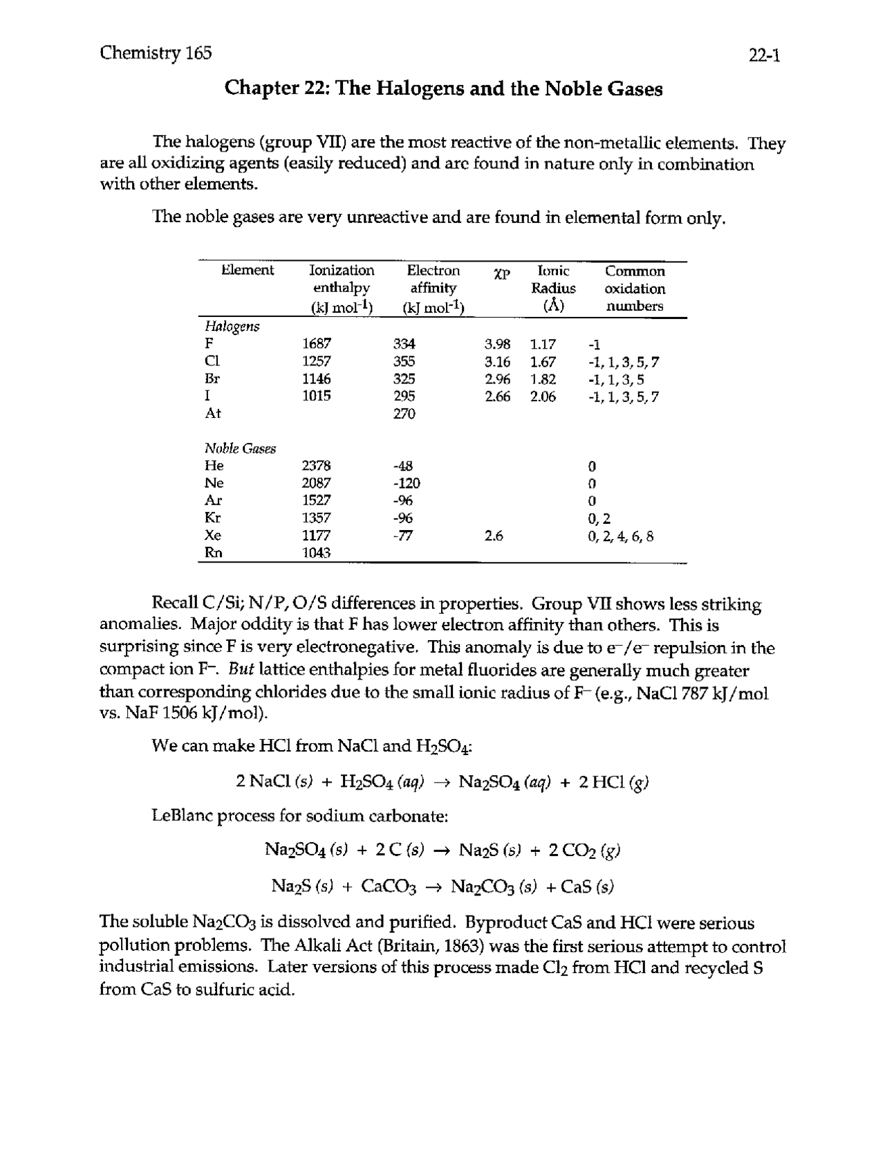 The Halogens and the Noble Gases - Lecture Notes | CHEM 165 - Docsity