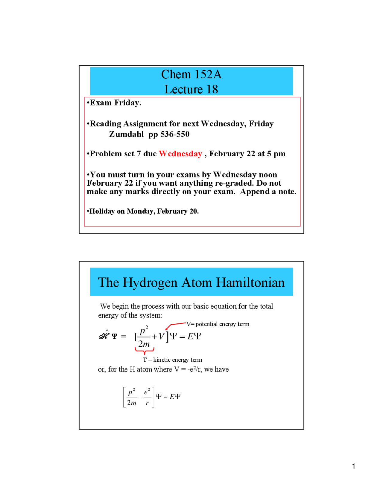 Hydrogen Atom Hamiltonian General Chemistry Slides Chem 152