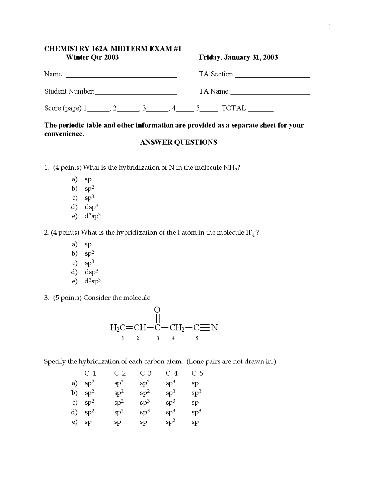 Midterm Exam 1 Questions - General Chemistry | CHEM 162 - Docsity