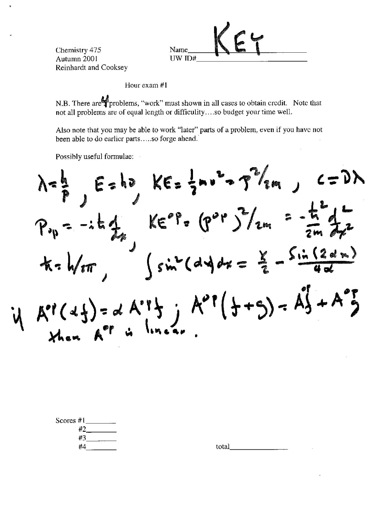Exam 1 Questions With Solution Honors Physical Chemistry Chem 475