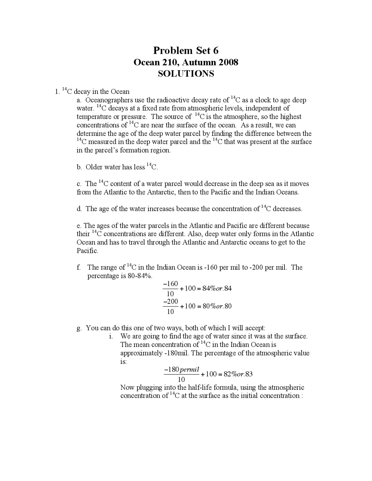 Problem Set 6 With Solutions Ocean Circulation Ocean 210 Docsity