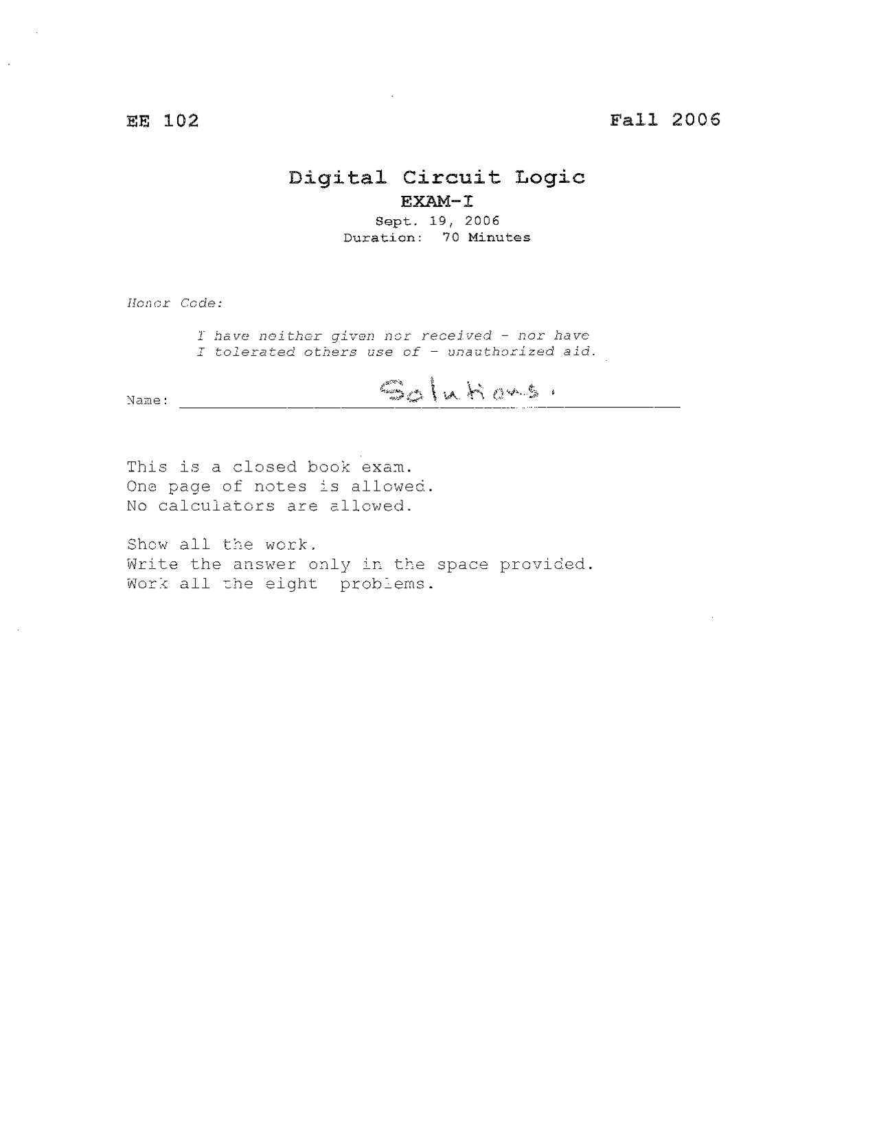 8 Questions With Answer Exam 1 Digital Circuit Logic Ece 102 Docsity
