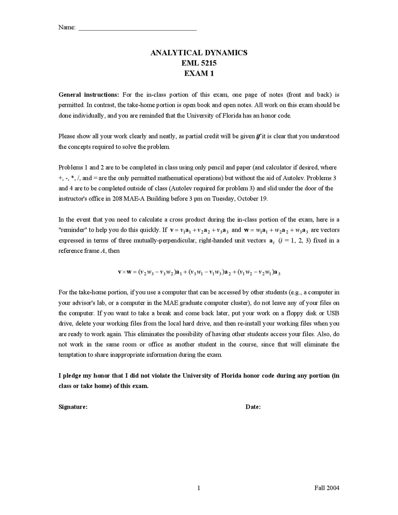 4 Problems In Analytical Dynamics 1 Exam 1 Eml 5215 Docsity