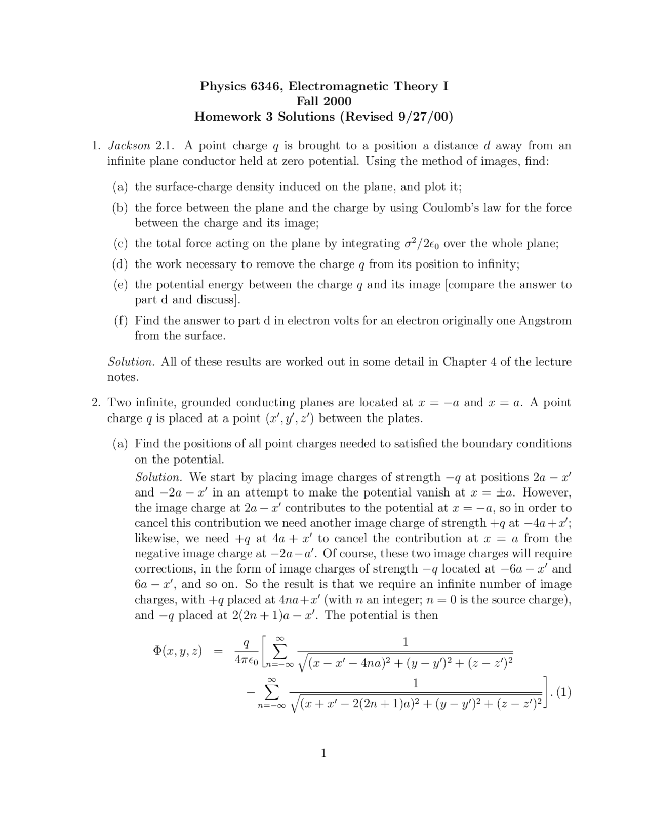 Homework 3 With Solutions For Electromagnetic Theory I Phy 6346 Docsity