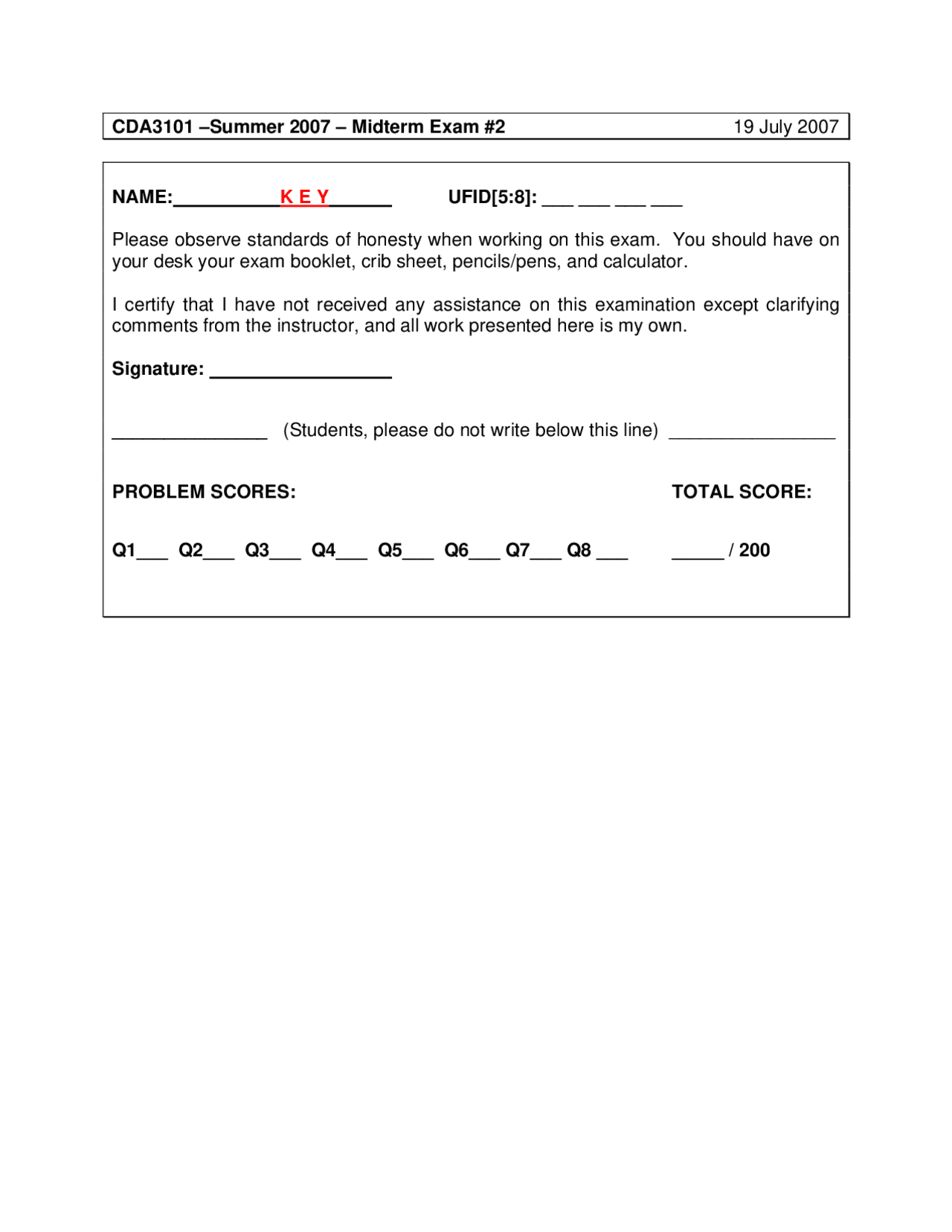 Midterm Exam 2 With Solutions Introduction To Computer Organization Cda 3101 Docsity