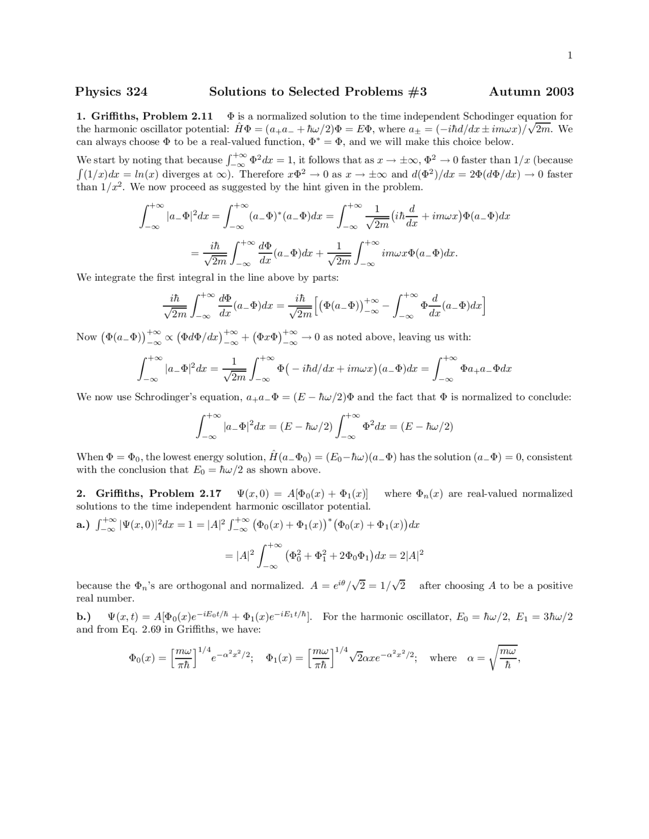 Solved Problems on Quantum Mechanics - Assignment 3 | PHYS 324 - Docsity