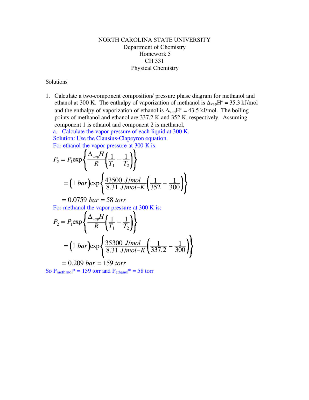 Homework 5 Solved Questions Introductory Physical Chemistry Ch 331