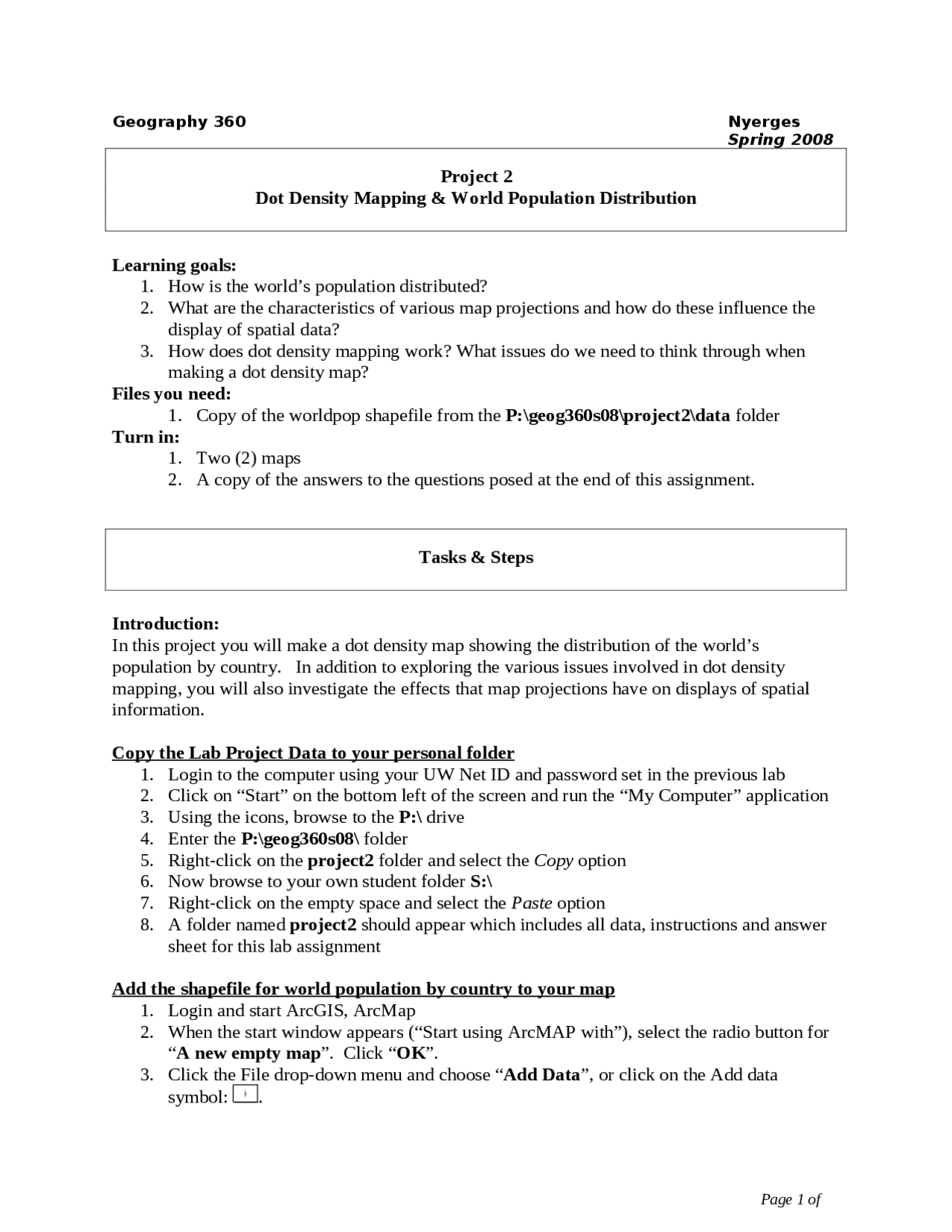 Project 2 - Dot Density Mapping and World Population Distribution | GEOG 360 - Docsity