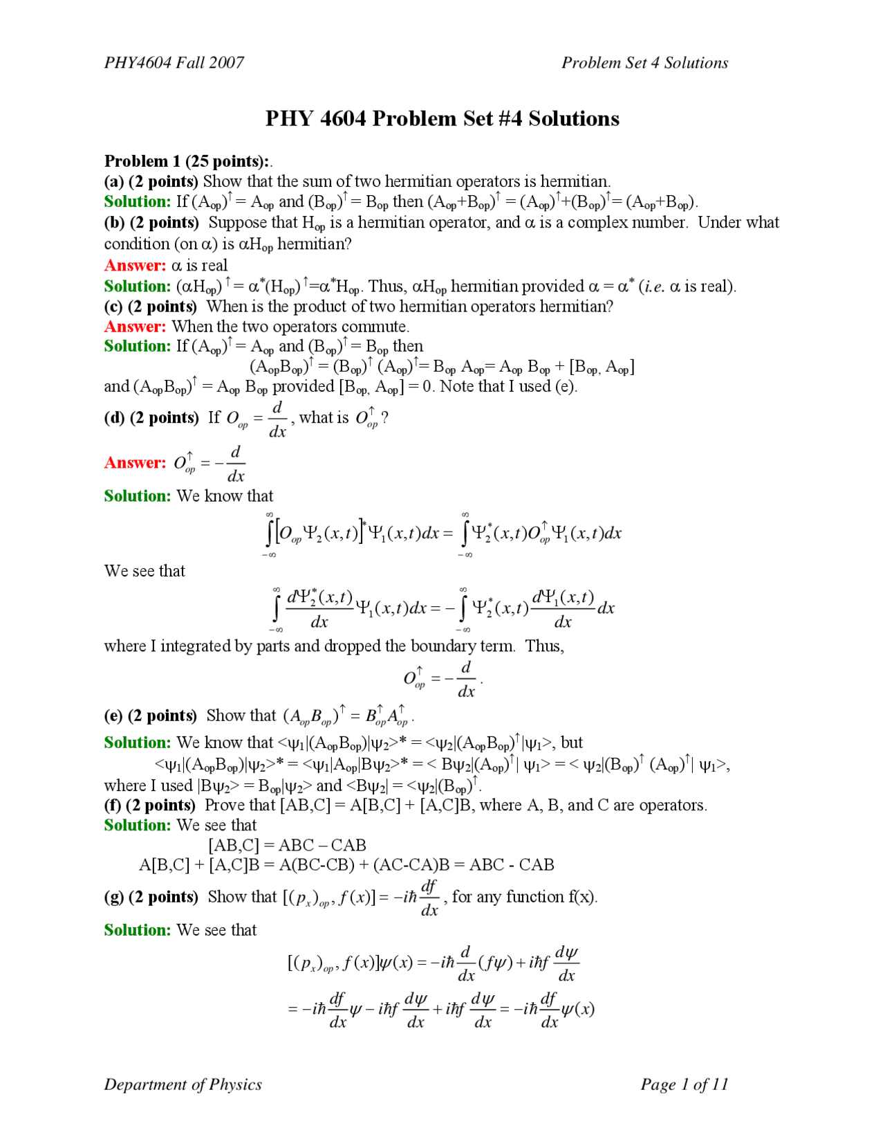 Introduction to Quantum Mechanics I - Problem Set 4 with Solutions | PHY 4604 - Docsity