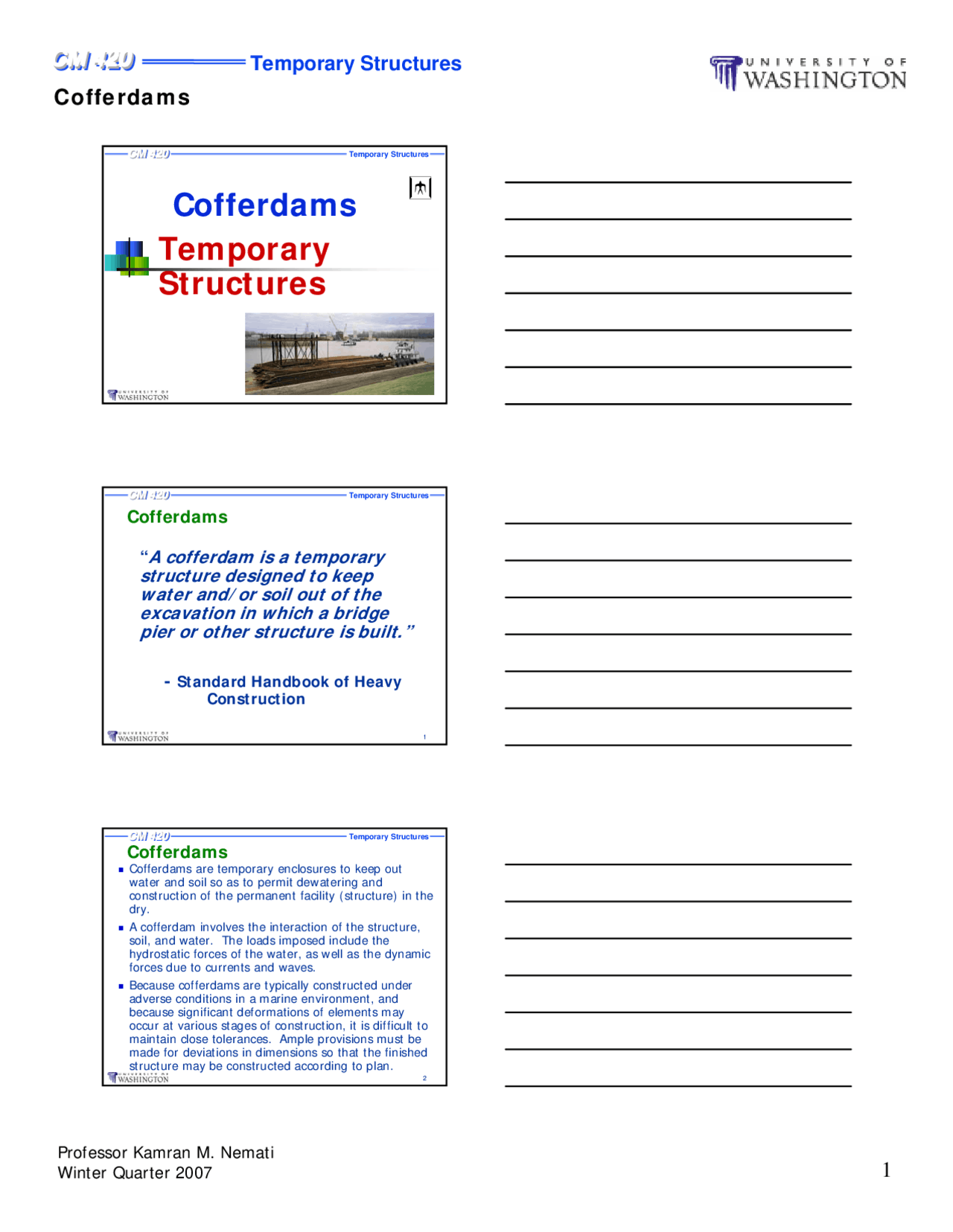 Cofferdams - Temporary Structures - Handout | CM 420 - Docsity