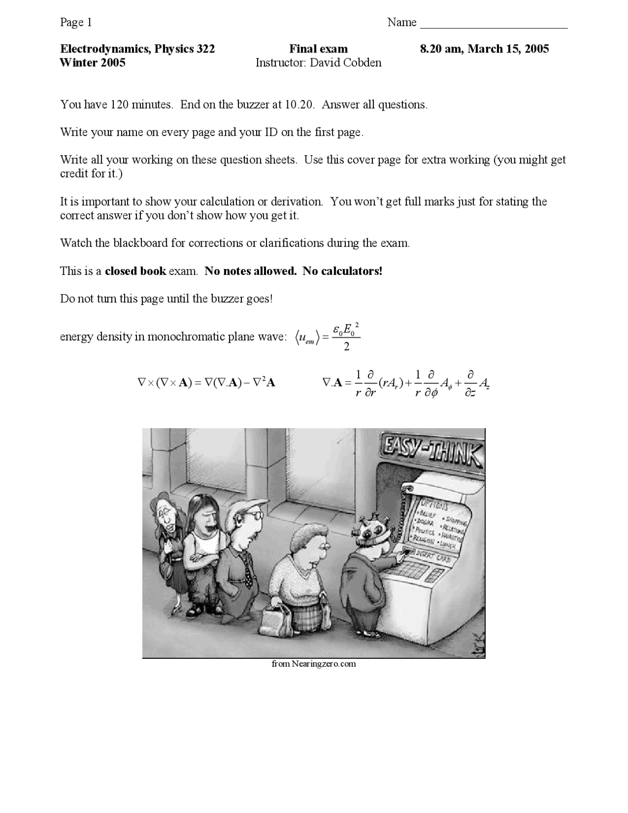 Final Exam For Electromagnetism Physics Phys 322 Docsity