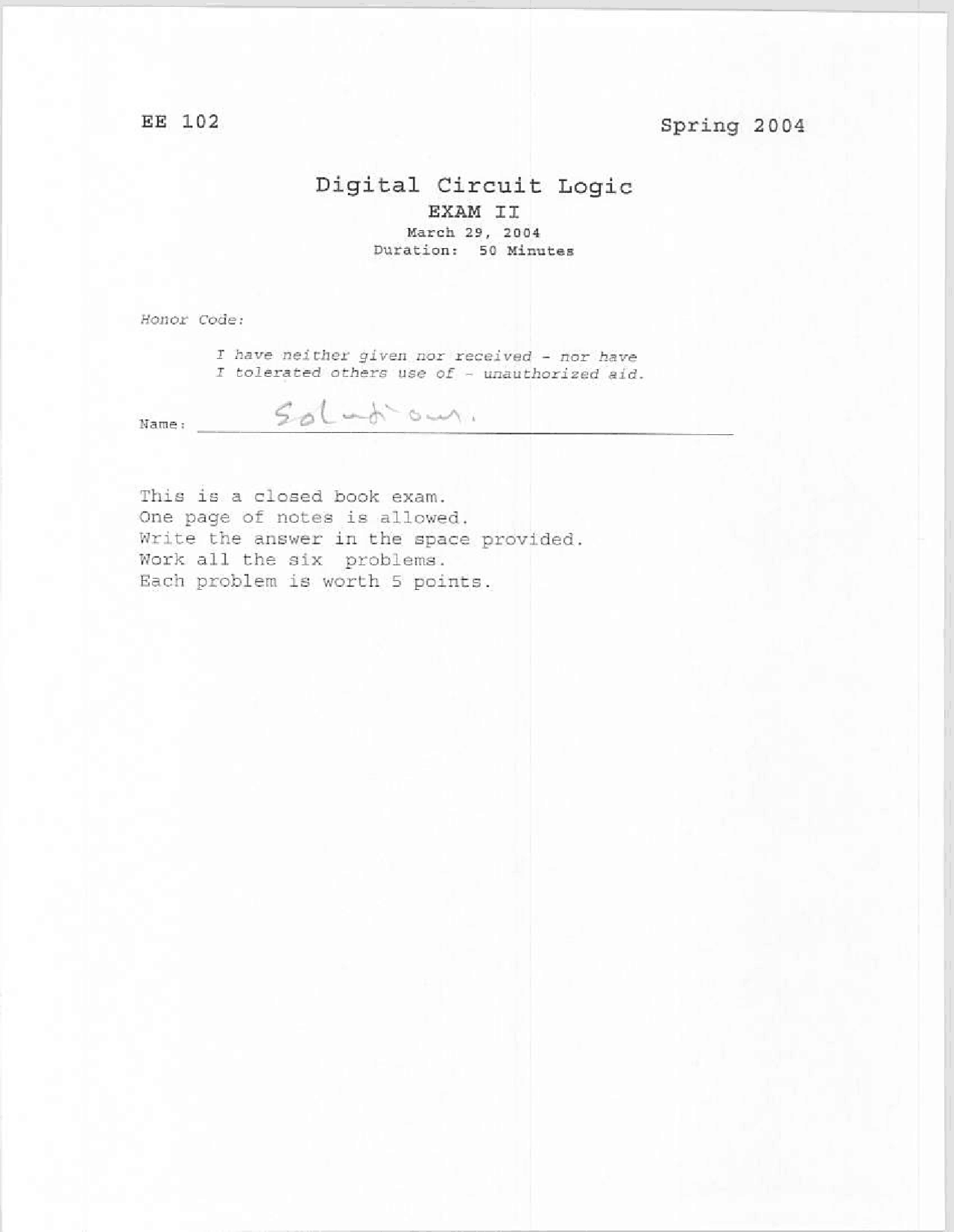 Exam 2 With Solutions Digital Circuit Logic Ece 102 Docsity