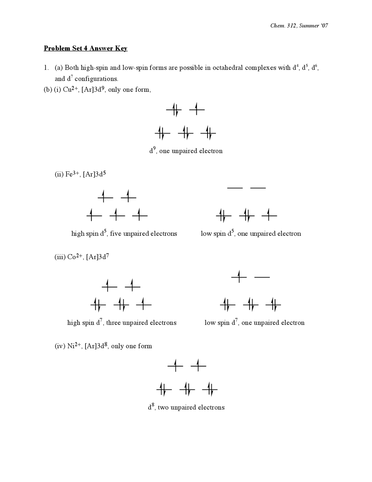Problem Set 4 Questions Inorganic Chemistry Chem 312 Docsity
