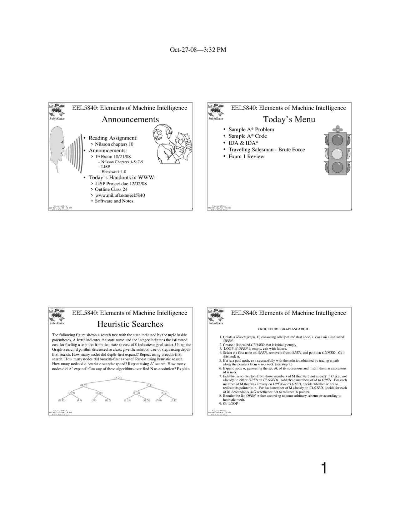 Heuristic Searches - Lecture Slides | EEL 5840 - Docsity