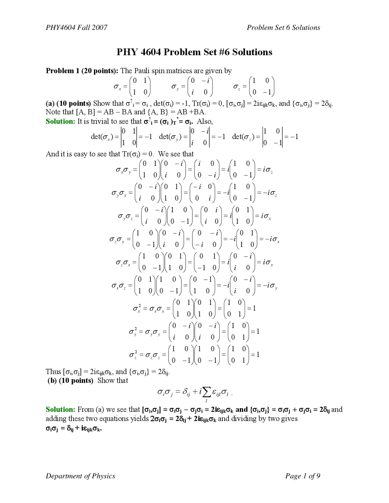 Introduction to Quantum Mechanics I - Problem Set 6 with Solutions | PHY 4604 - Docsity