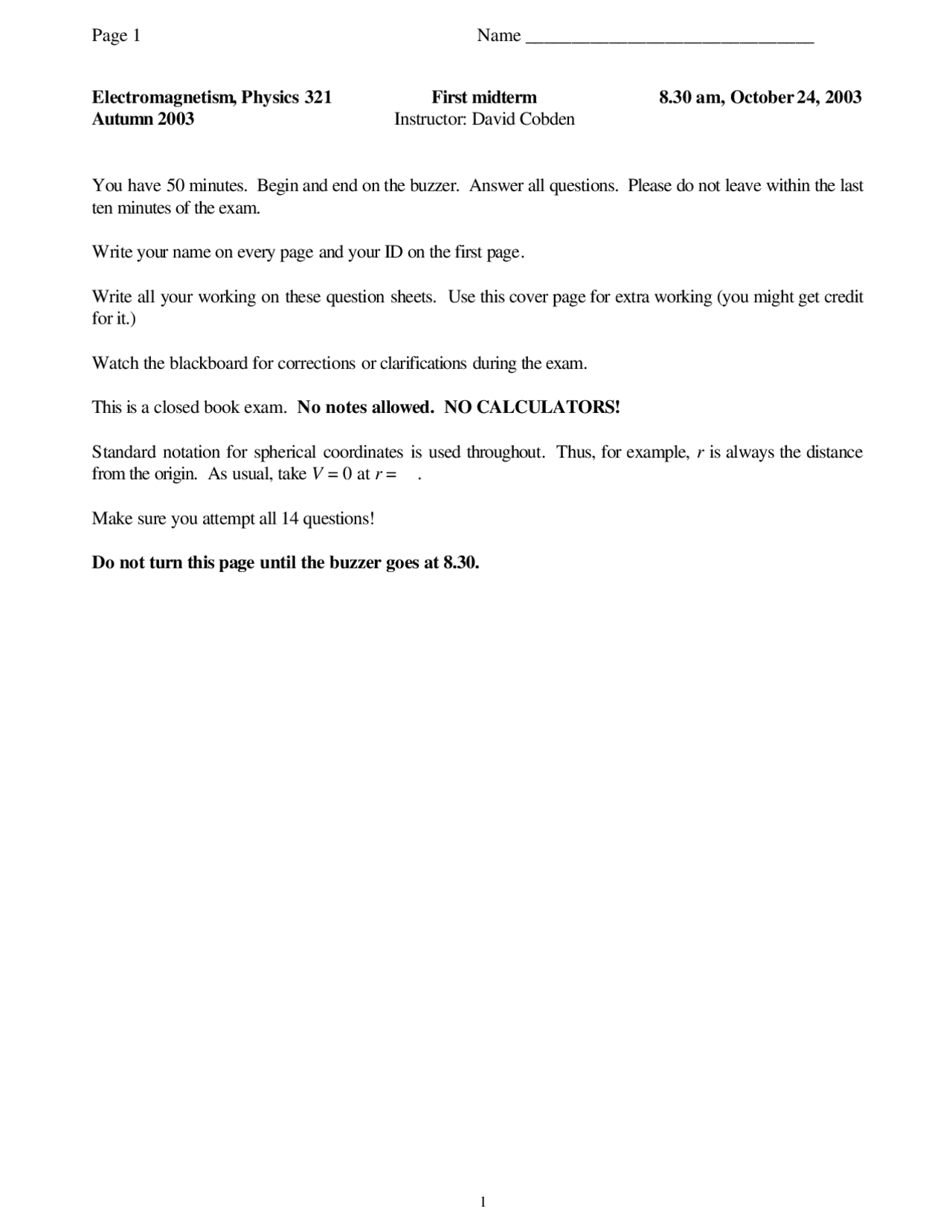 Midterm Exam 1 Questions With Solutions Electromagnetism Phys 321