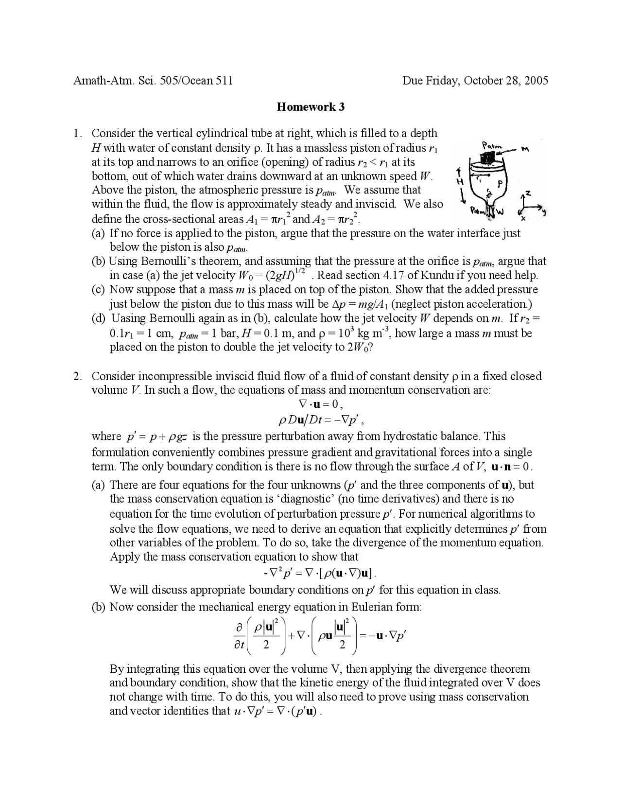 Sample Questions for Homework 3 - Fluid Dynamics | OCEAN 511 - Docsity