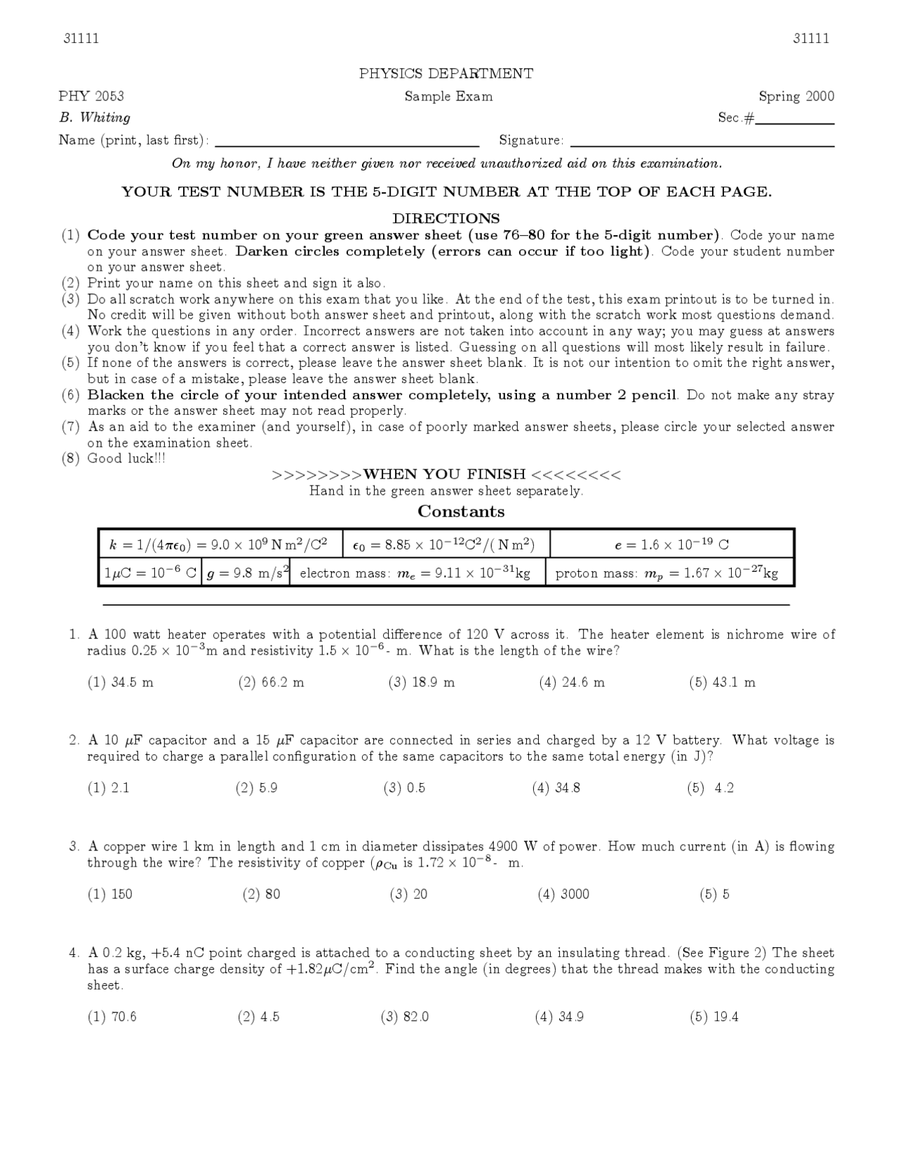 20 Multiple Choice Sample Exam Physics 1 Phy 2053 Docsity