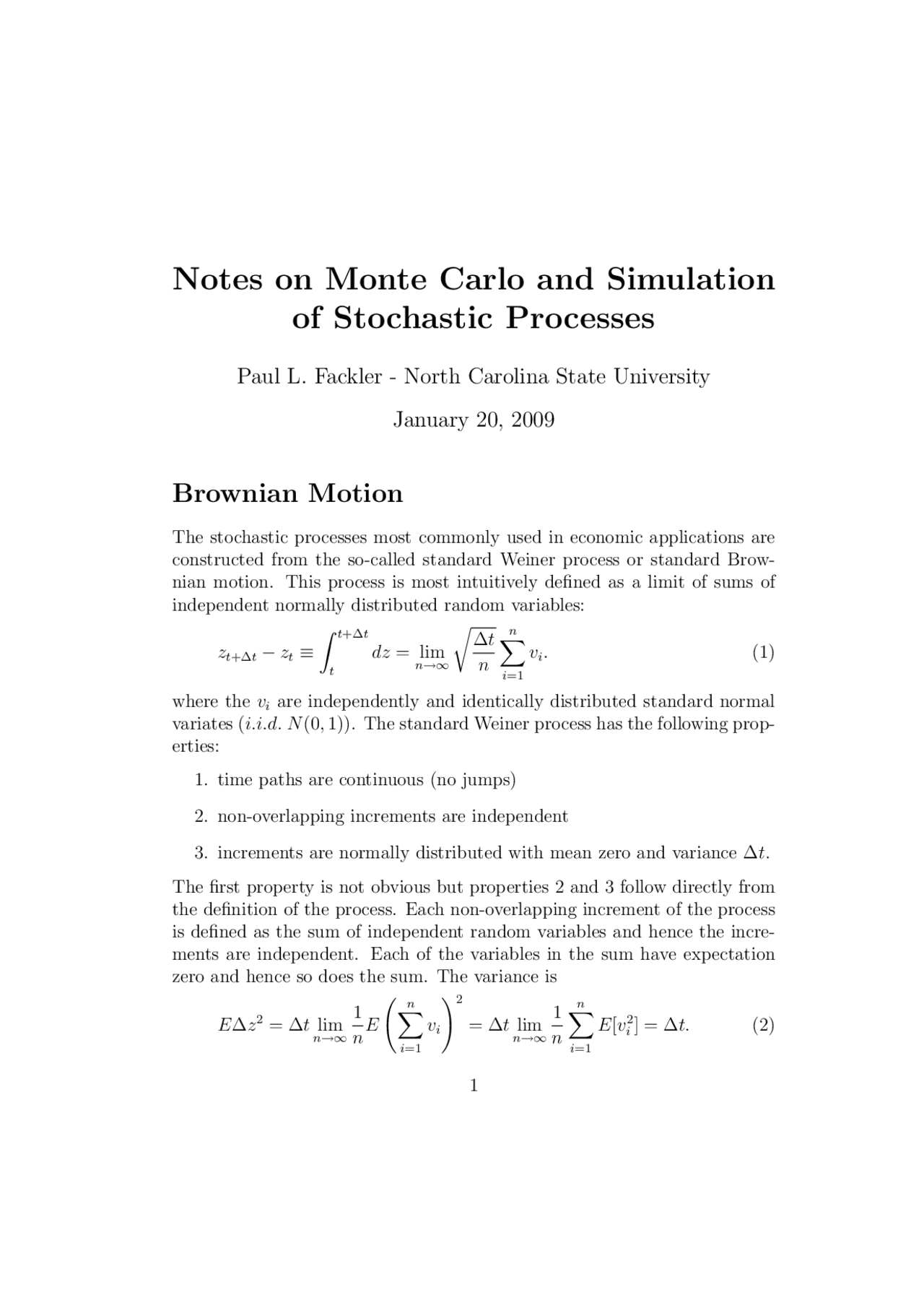 Notes On Monte Carlo And Simulation Of Stochastic Processes Ecg 790c
