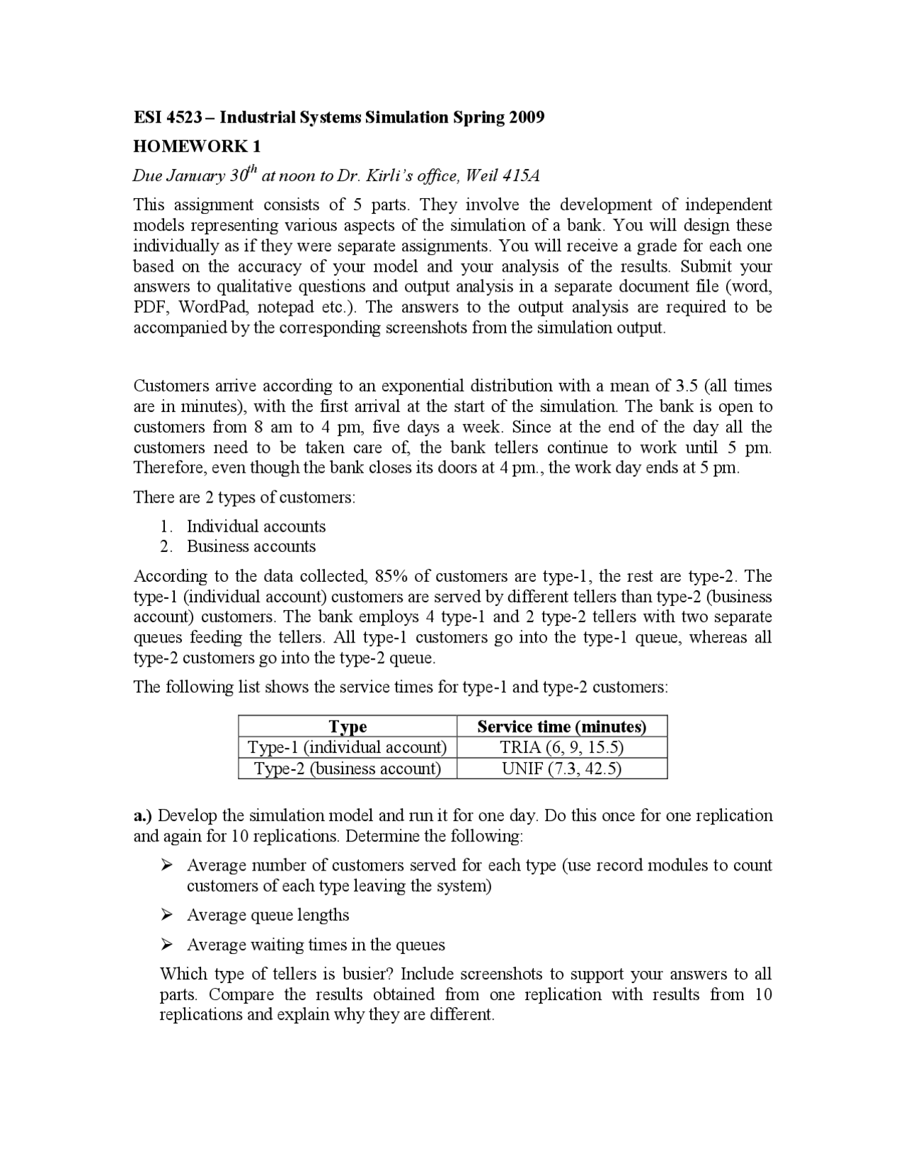 Homework 1 Industrial Systems Simulation Esi 4523 Docsity