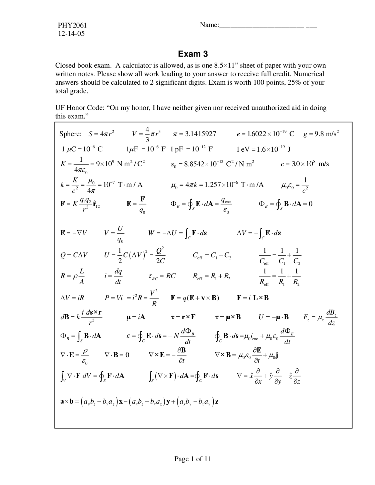 Practice Exam 3 Honor Enriched Physics With Calculus 2 Phy 2061