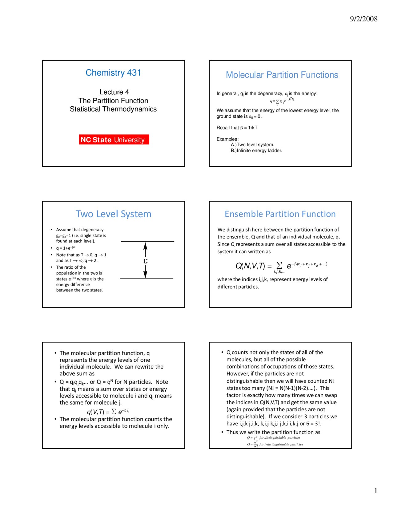 Molecular Partition Functions Lecture Slides Ch 431 Docsity