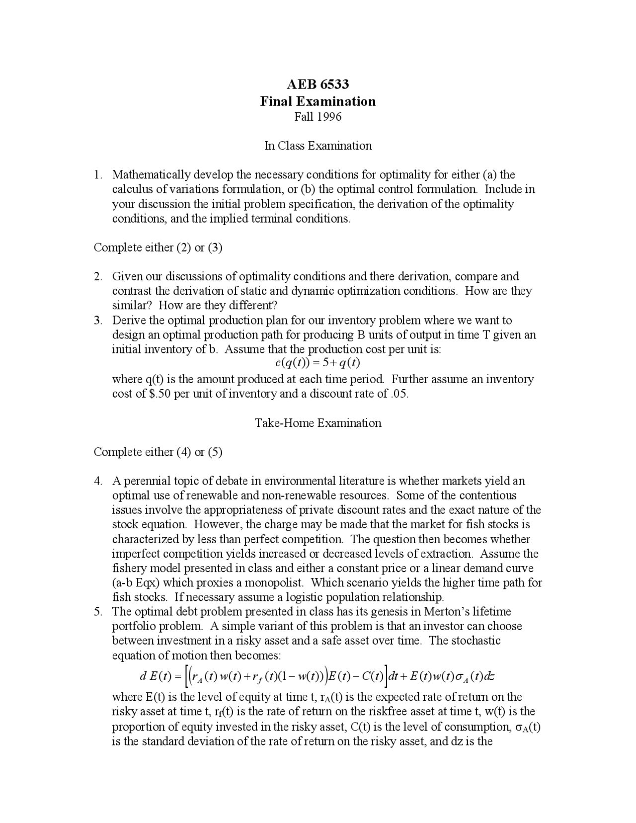 Final Examination - Static and Dynamic Optimization Models Agriculture | AEB 6533 - Docsity