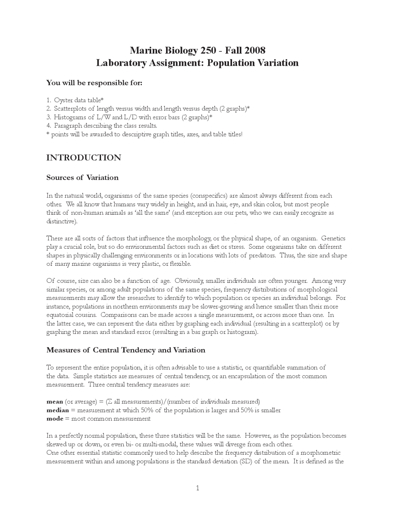 Assignment for Population Variation - Marine Biology | FISH 250 - Docsity
