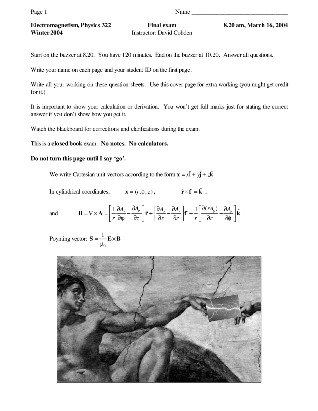 Final Exam Paper Electromagnetism Fall 2004 Phys 322 Docsity
