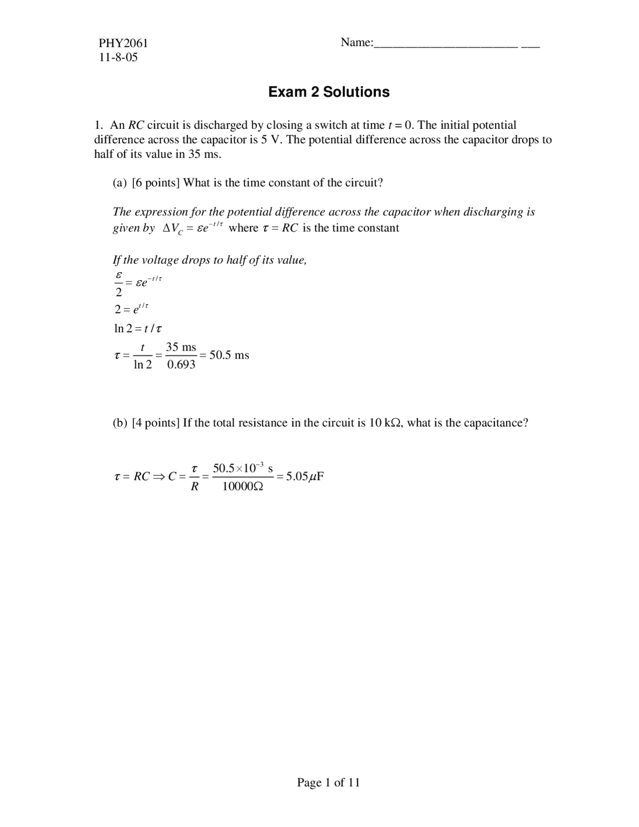 Exam 2 Solution 2005 Enriched Physics Calculus 2 Phy 2061 Docsity