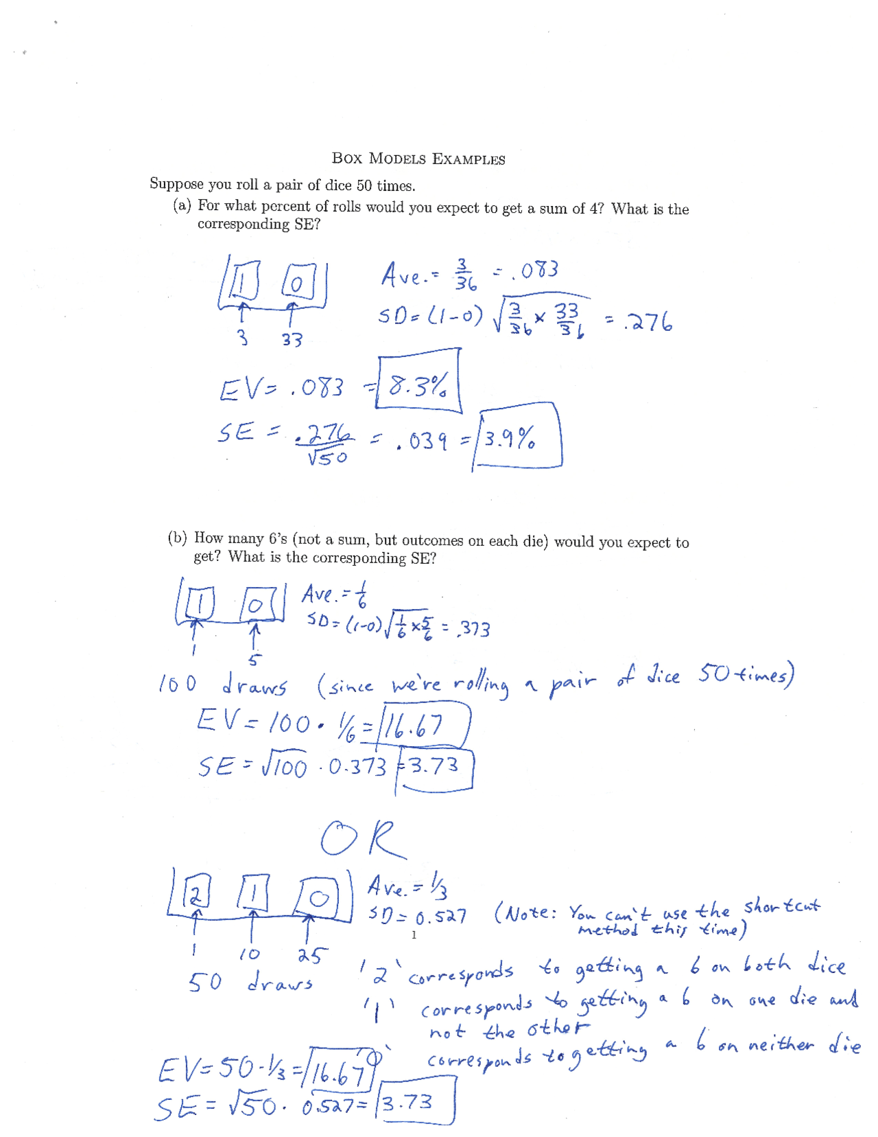 Box Models Examples Questions Basic Statistics Stat 220 Docsity