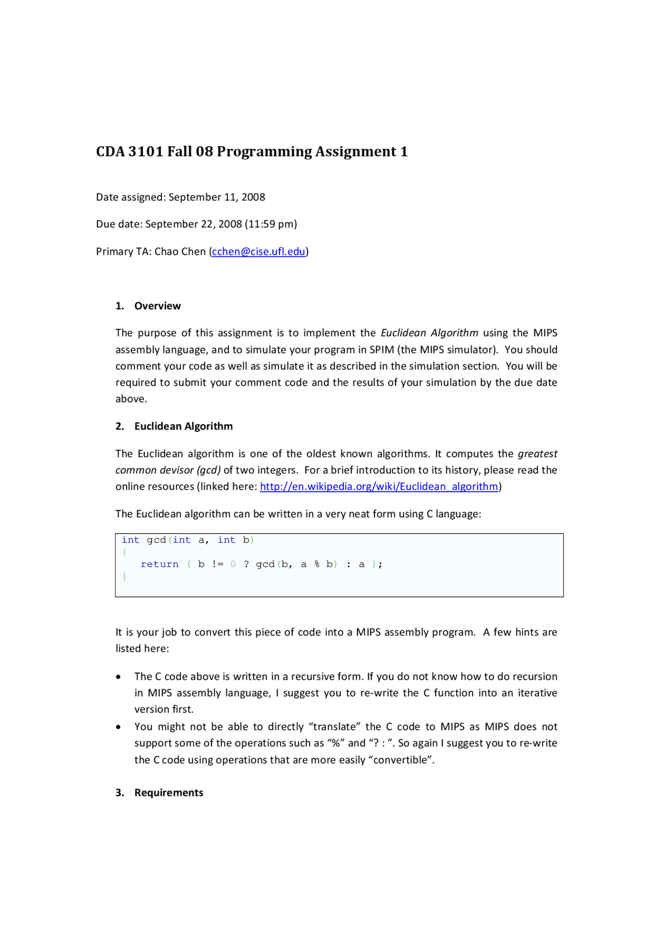 Introduction To Computer Organization Assignment 1 Cda 3101 Docsity