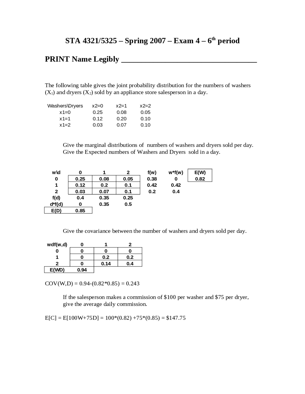 Exam 4 with Solution for Introduction to Probability | STA 4321 - Docsity