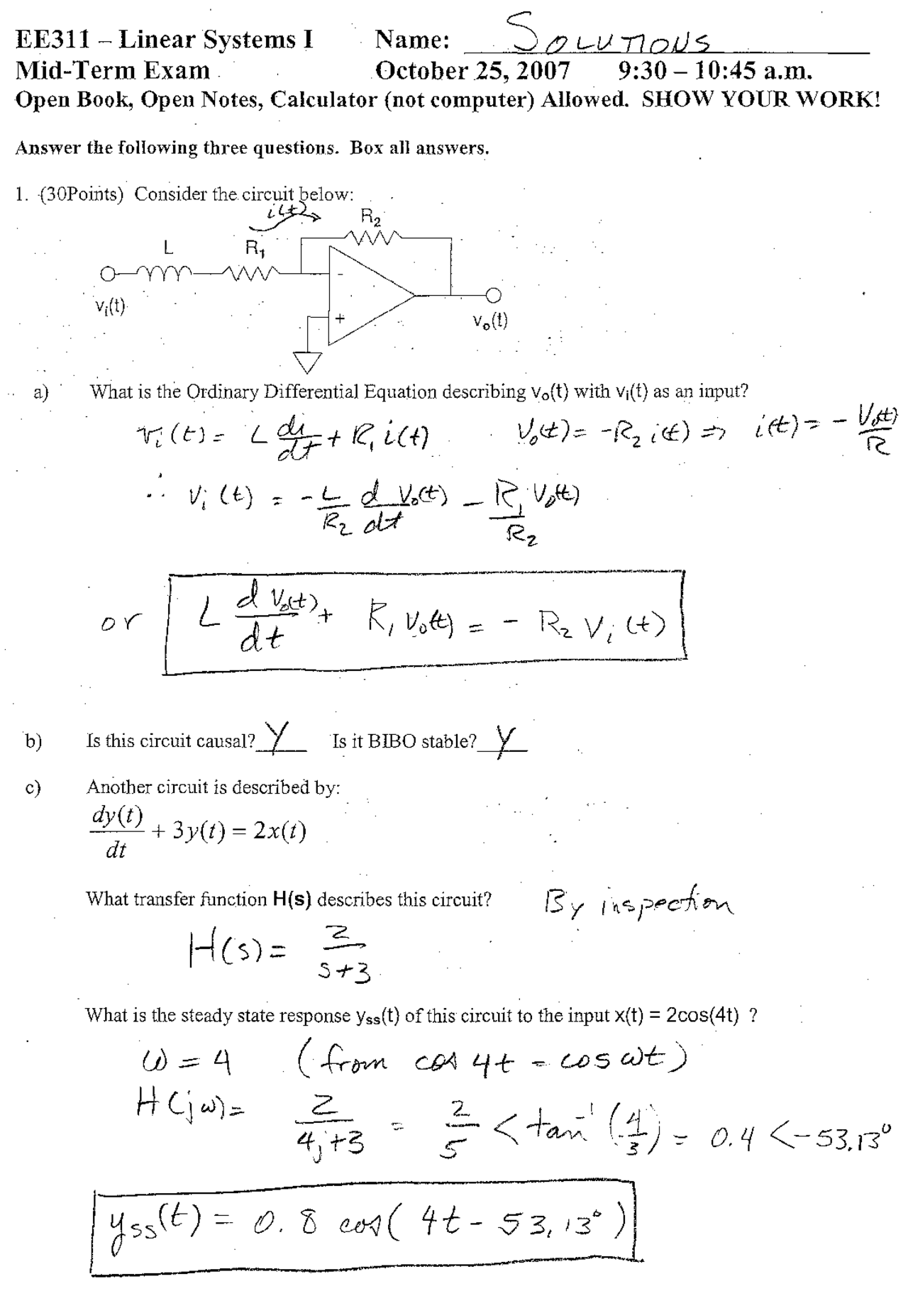 Midterm Exam With Solution For Linear System Analysis I Ece 311 Exams Electrical And