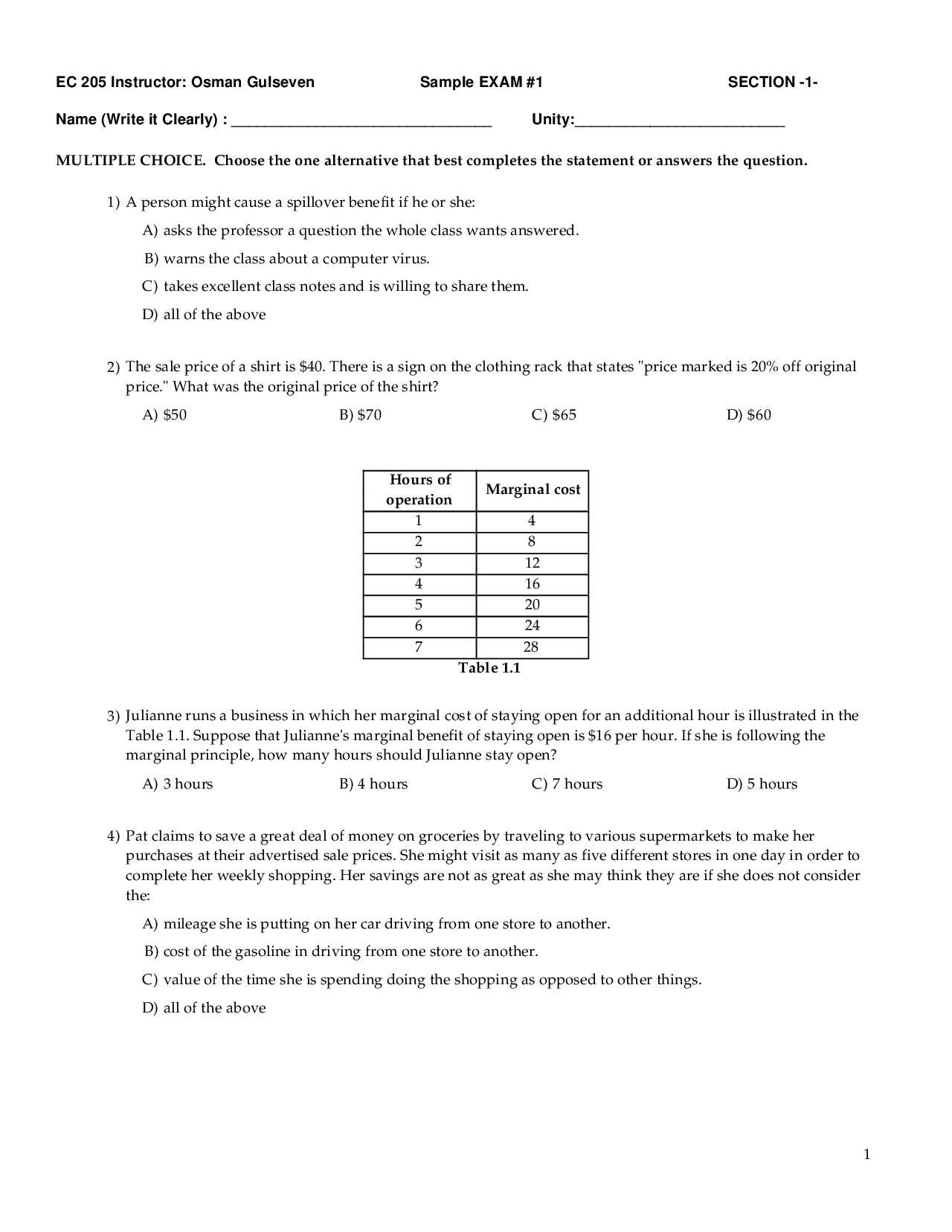 Sample Exam 1 - Fundamentals of Economics | EC 205 | Exams Economics ...