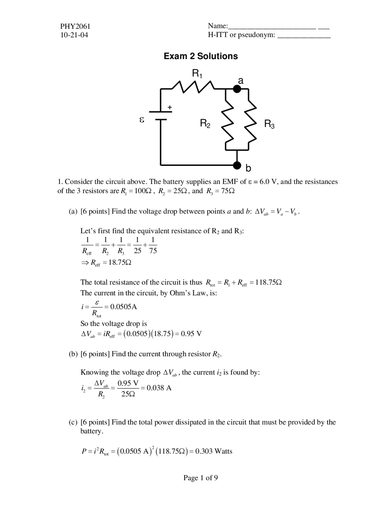 Exam 2 Solution 2004 Enriched Physics Calculus 2 Phy 2061 Docsity