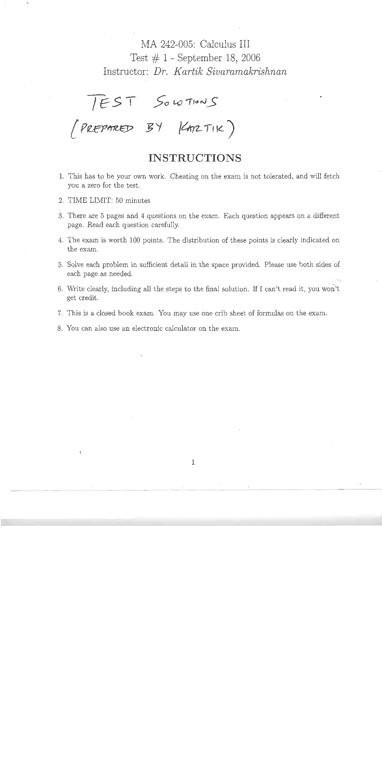 4 Questions On Calculus Iii With Solution Exam 1 Ma 242h Docsity