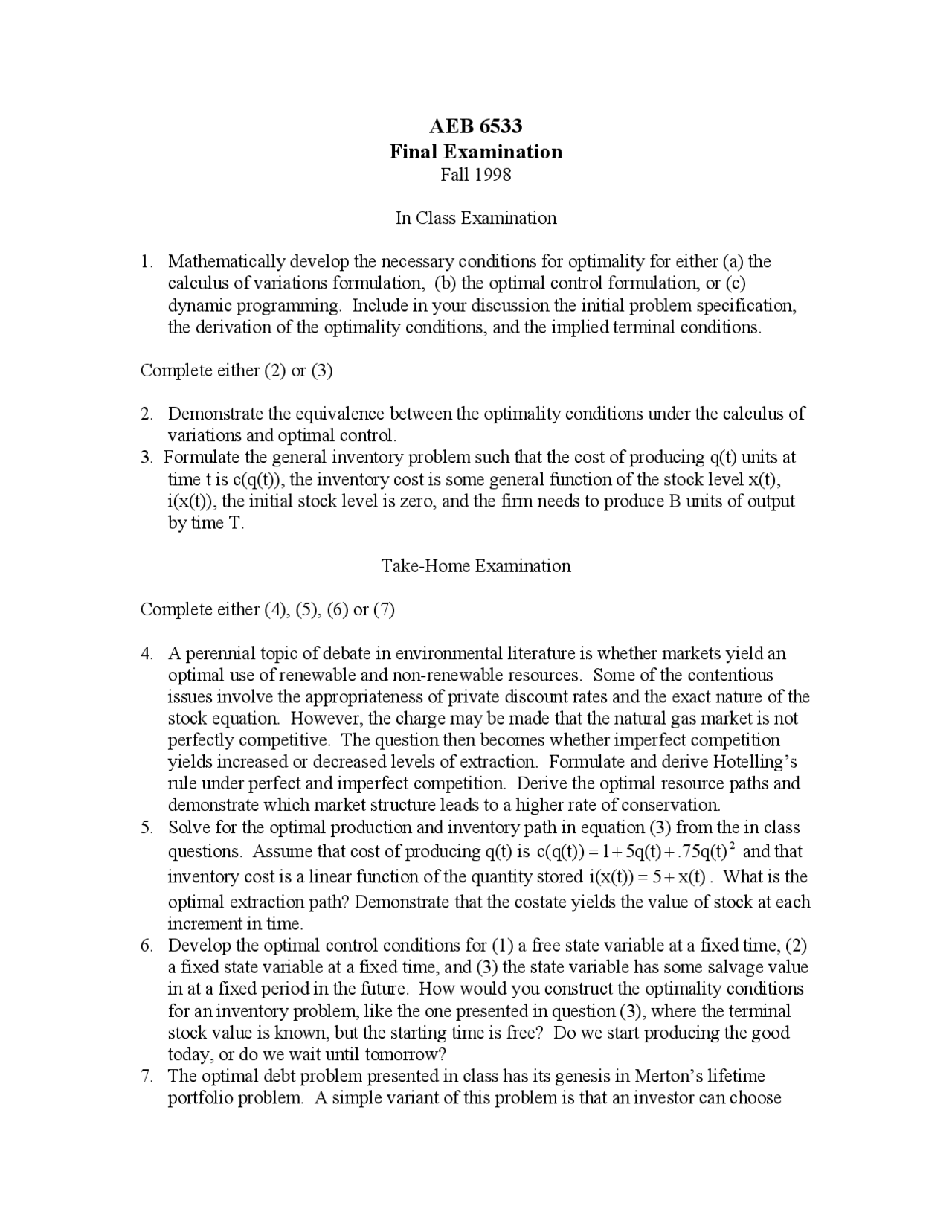 Final Exam with 7 Problems - Static / Dynamic Opting Models | AEB 6533 - Docsity