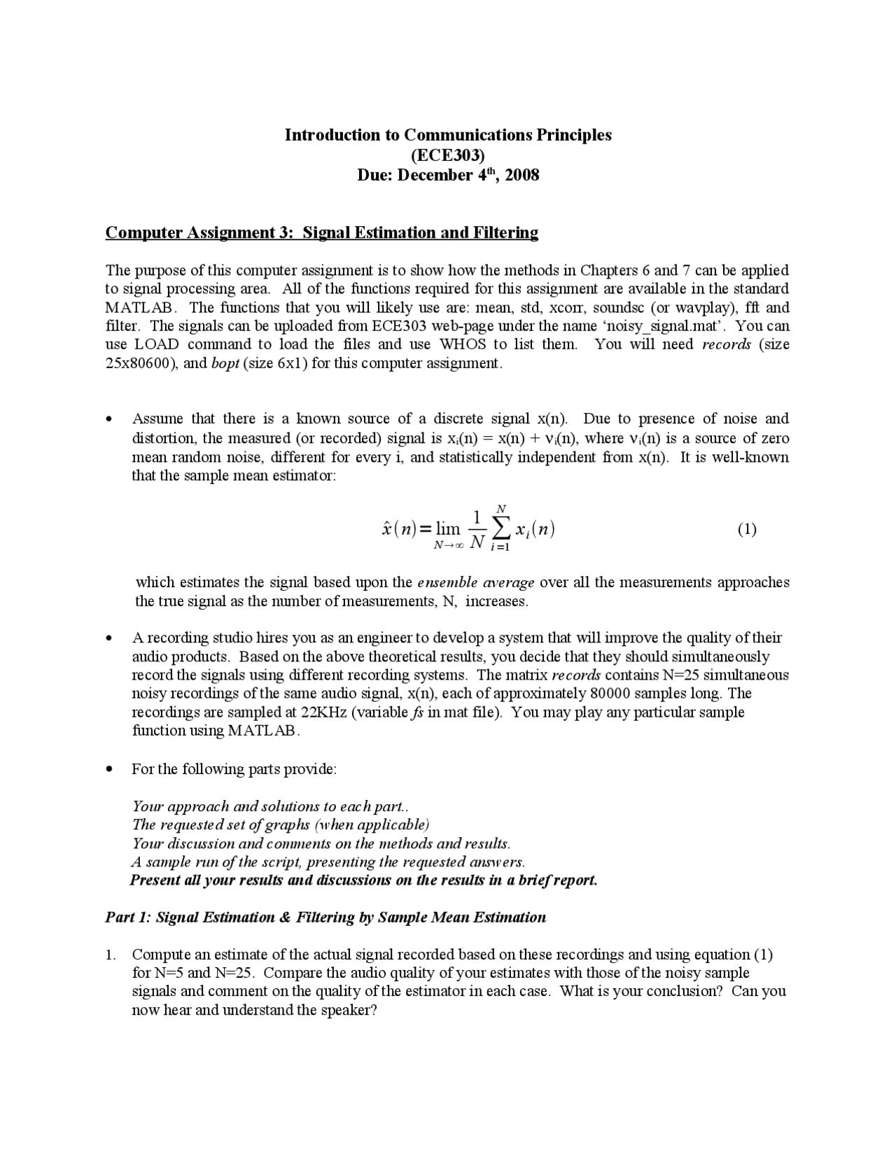 Computer Assignment 3 Signal Estimation And Filtering 2008 Ece