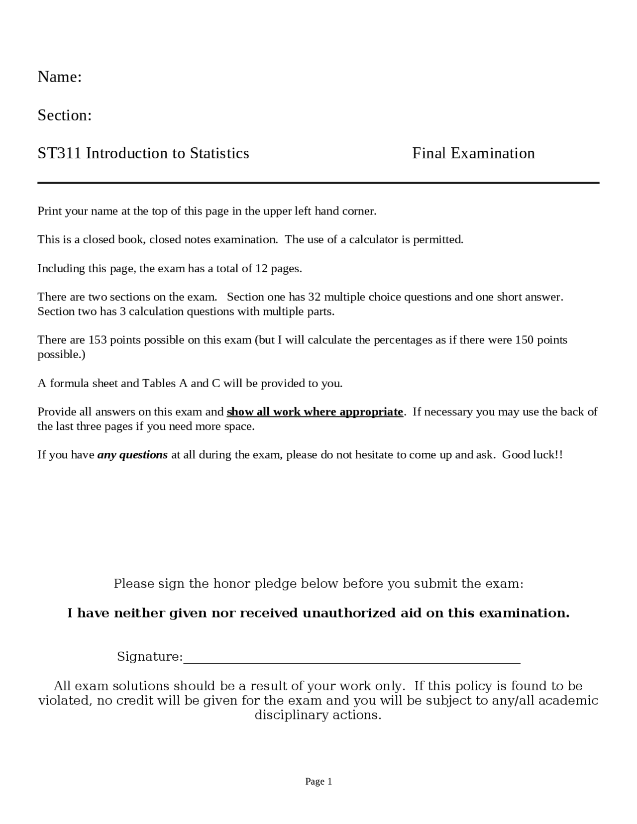 Introduction To Statistics Final Exam Solved St 311 Docsity