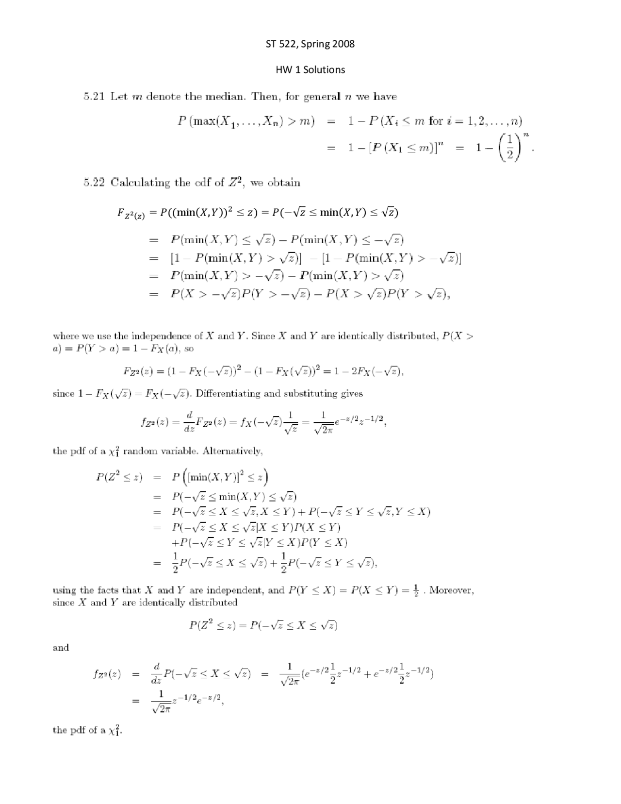 Homework 1 Solutions Statistical Theory Ii St 522 Docsity