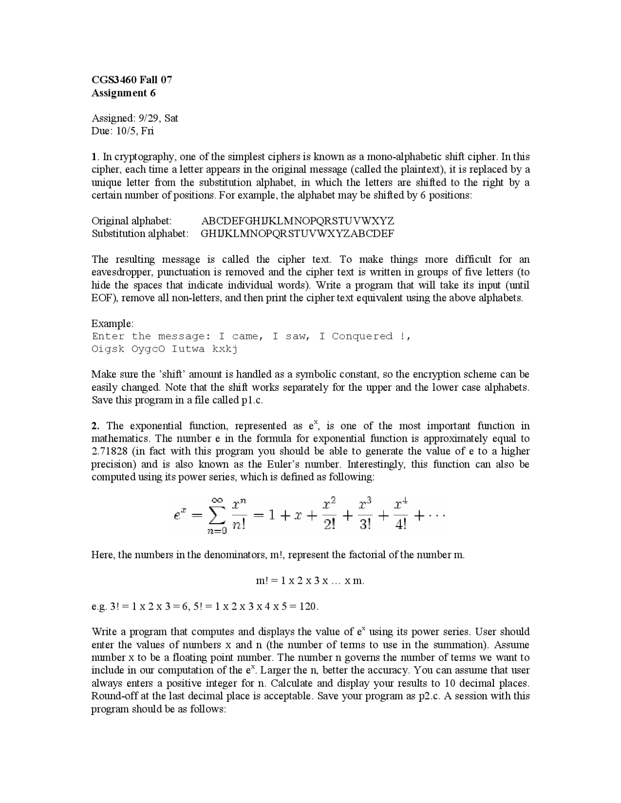 Assignment 6 in CGS3460: Cipher Text Generation and Exponential ...