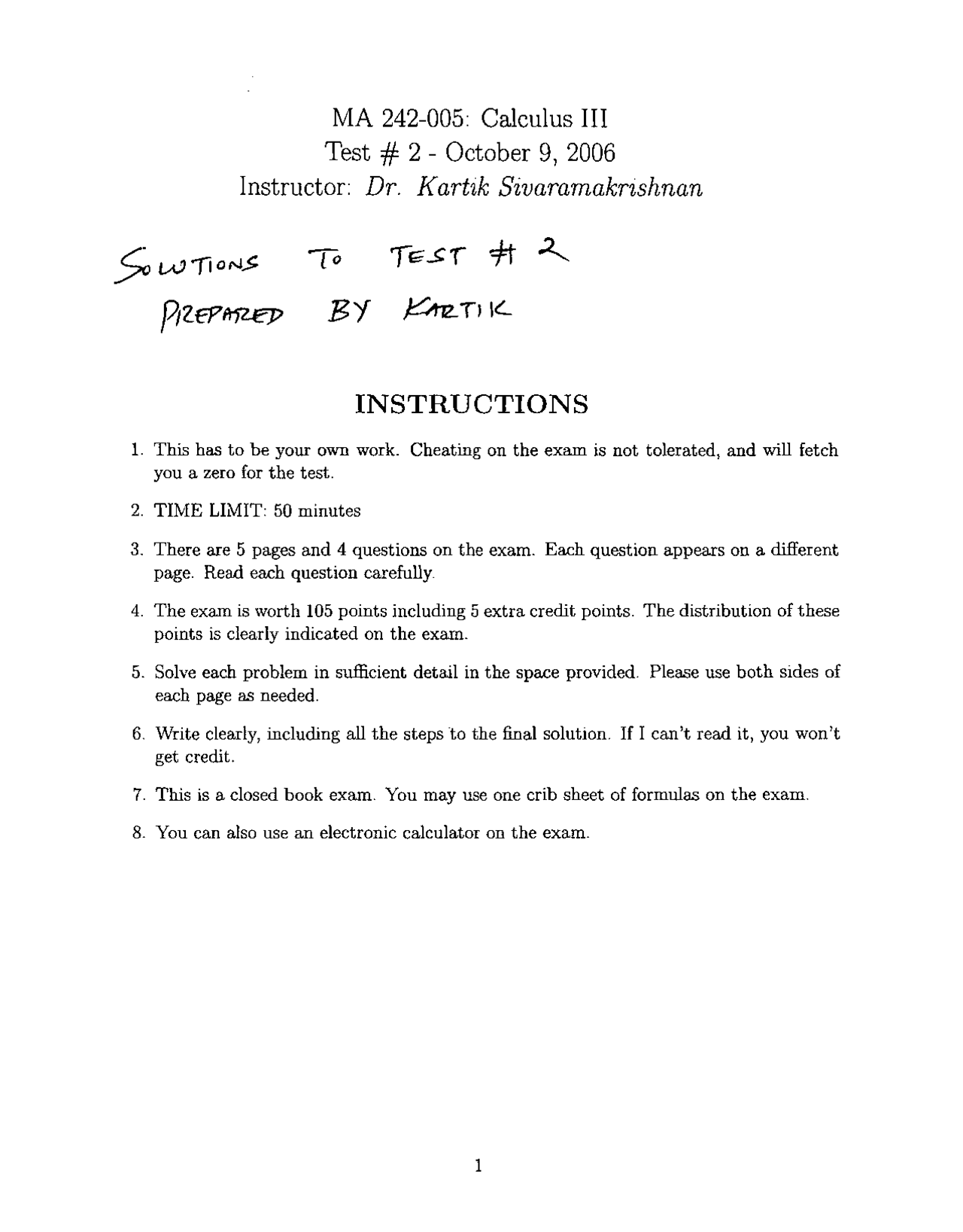Solutions For Exam 2 Calculus Iii Ma 242h Docsity