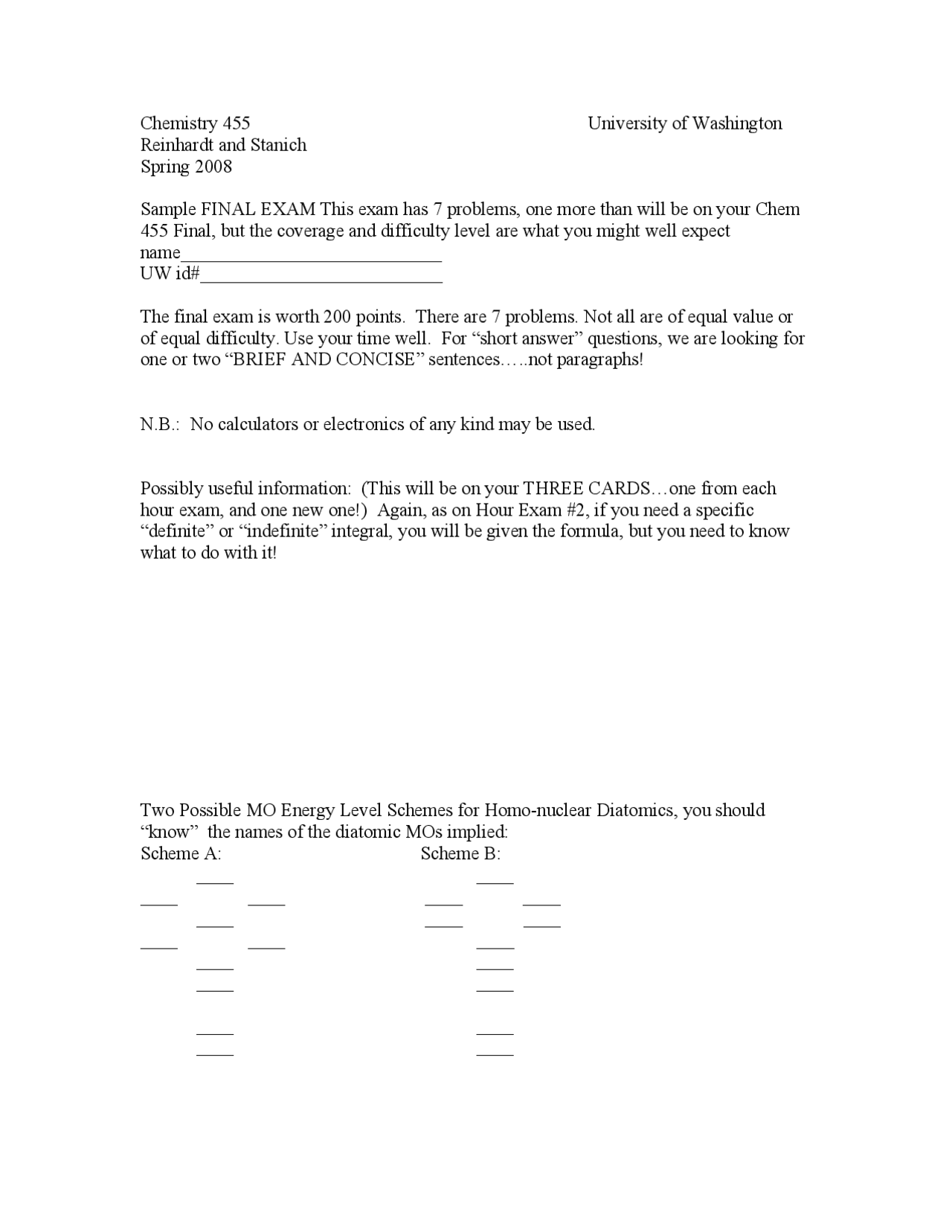 Practice Problems For Final Exam Physical Chemistry Chem 455 Docsity
